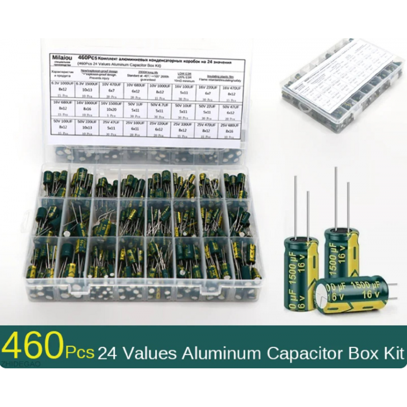 HS5575 460Pcs 24Values Aluminum Electrolytic Capacitor Kit 6.3V-50V 1F-1500uF